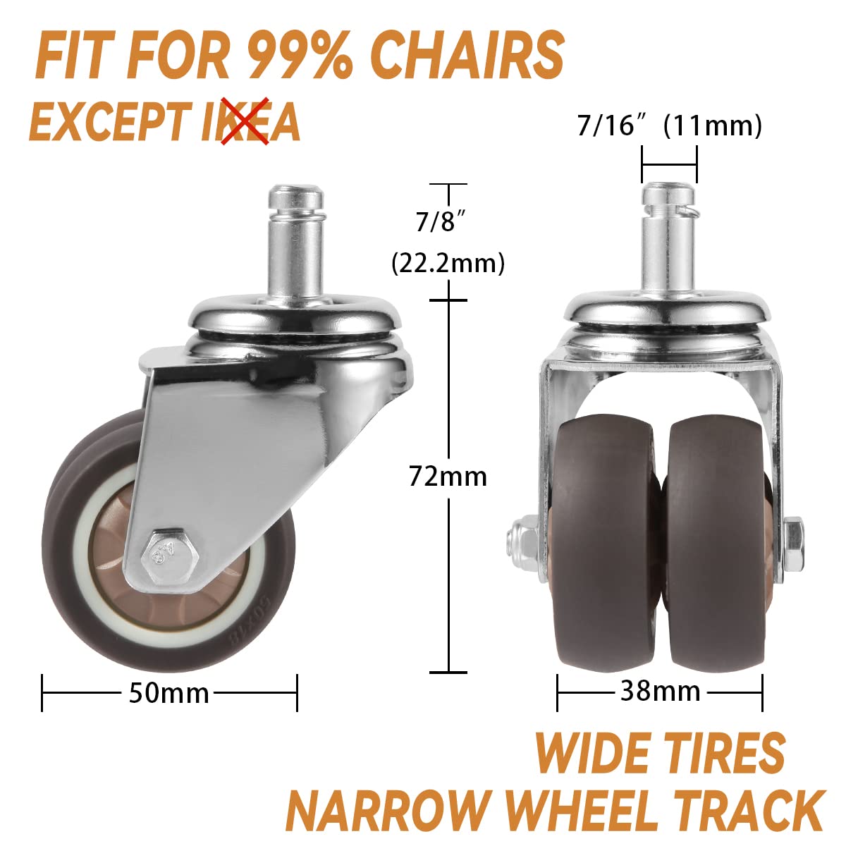 W B D WEIBIDA Office Chair Wheels Replacement, 2 Inch Dual Rubber Chair Caster Wheels, Smooth & Quite Casters for Hardwood Floor and Carpet, Universal Size Stem, Heavy Duty Load Up to 750 lbs,Set of 5