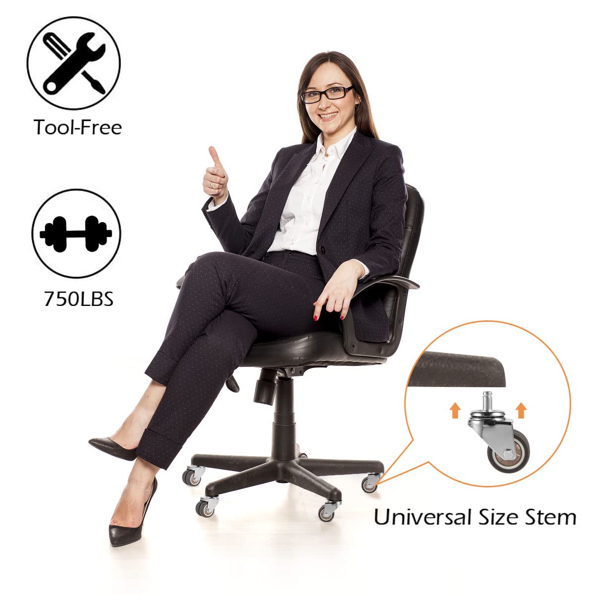 W B D WEIBIDA Office Chair Wheels Replacement, 2 Inch Dual Rubber Chair Caster Wheels, Smooth & Quite Casters for Hardwood Floor and Carpet, Universal Size Stem, Heavy Duty Load Up to 750 lbs,Set of 5
