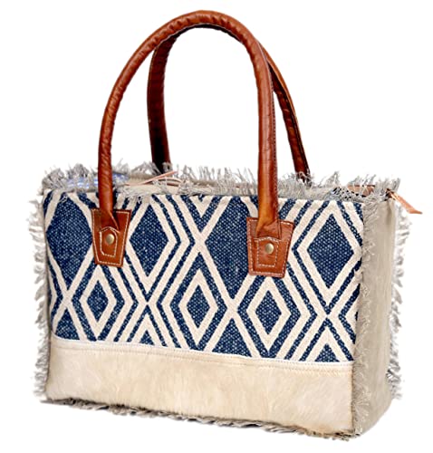 Ruzioon Upcycled Canvas Hand Bag, Upcycled Canvas & Cowhide Leather Tote Bag, Canvas Tote Bag for Women, Canvas Shoulder Bag