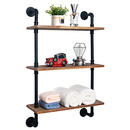 HouseAid Industrial Pipe Floating Shelves, 24 Inch Rustic Farmhouse Shelf for Living Room, Bedroom, Bathroom and Kitchen, Wall Mounted, Matte Black (3 Tiers)