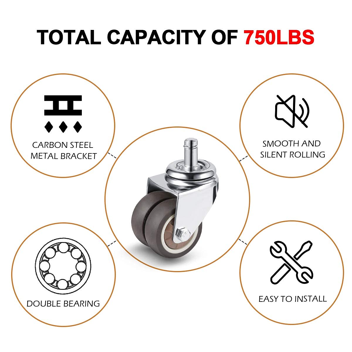 W B D WEIBIDA Office Chair Wheels Replacement, 2 Inch Dual Rubber Chair Caster Wheels, Smooth & Quite Casters for Hardwood Floor and Carpet, Universal Size Stem, Heavy Duty Load Up to 750 lbs,Set of 5