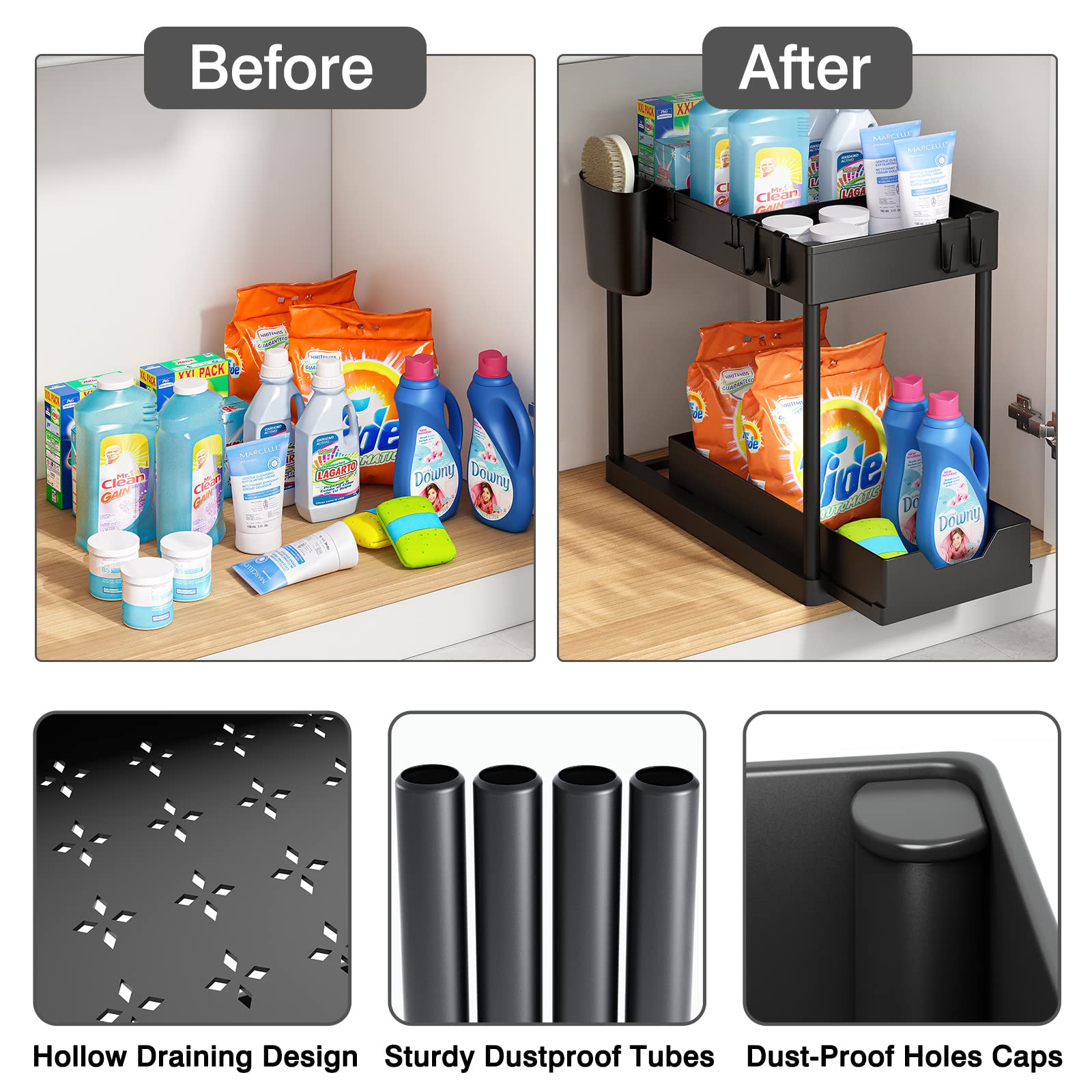 Fixwal Under Sink Organizer and Storage, 2-Tier Bathroom Organizer, Kitchen Organization, Cabinet Organizer, Make Up Organizers and Storage with Hooks, Hanging Cup and Dividers