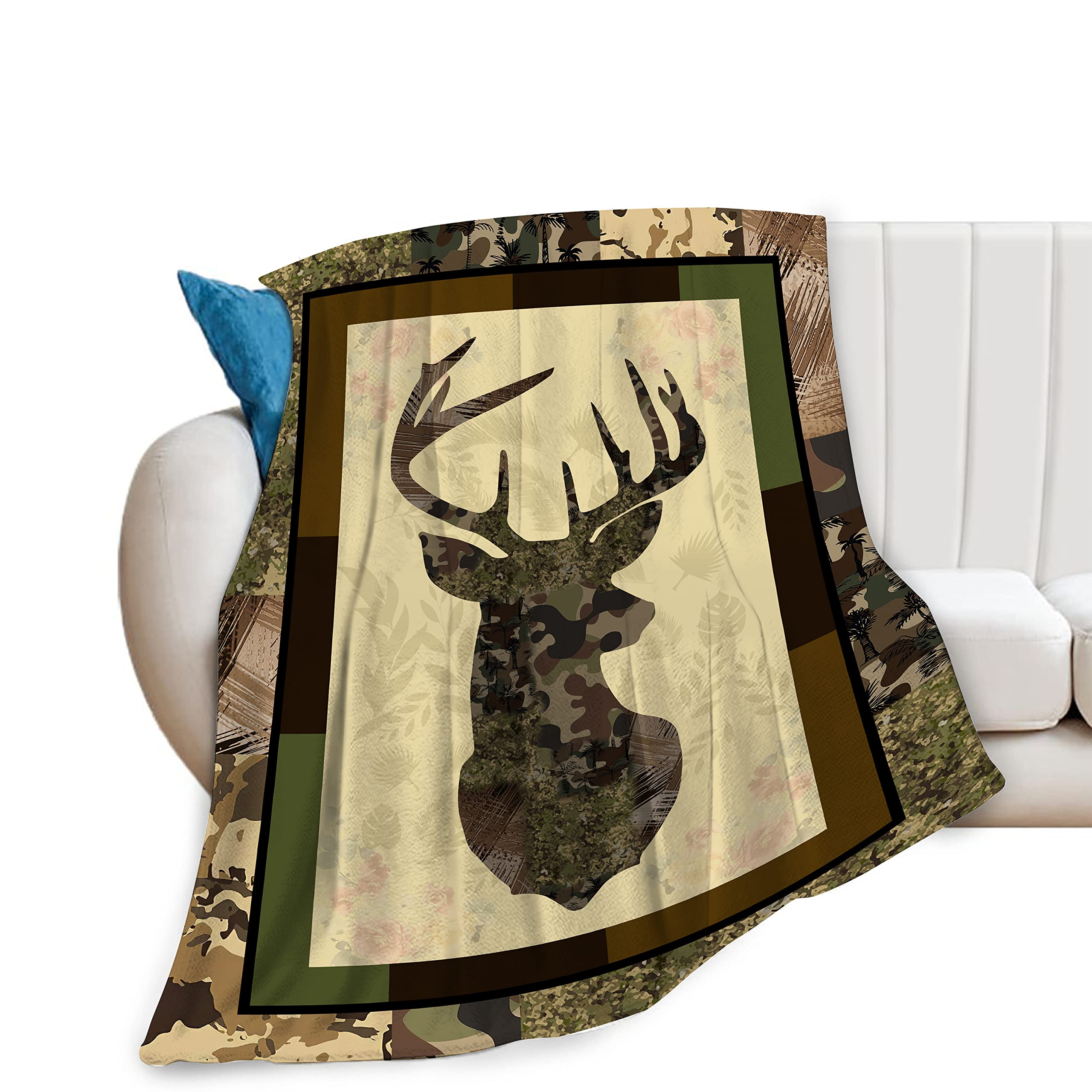 Deer Camouflage Throw Blanket Cozy Plush Camo Hunting Flannel Fleece Ultra Soft Blankets Unisex Lightweight Fuzzy Party Blanket Gifts for Adult Men Bed Couch Sofa Kids 50"x40"