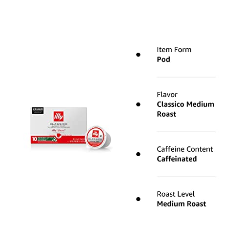 illy Coffee, Smooth and Balanced, Classico Medium Roast Coffee K-Cups, Made with 100% Arabica Coffee, All-Natural, No Preservatives, Coffee Pods for Keurig Coffee Machines,10 K-Cup Pods (Pack of 1)