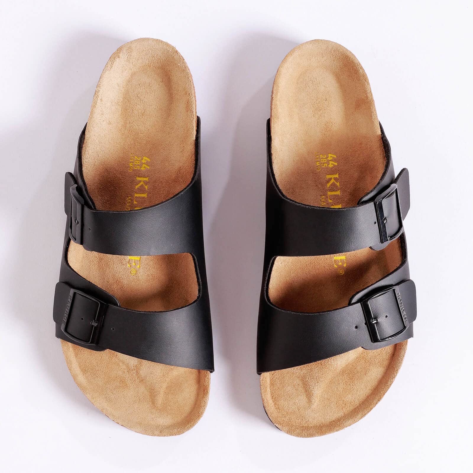 KLUKGE Mens Cork Sandals,Adjustable Buckle Leather Non-Slip Slippers Women's Flat Slide Cork Footbed Sandals Unisex Shoes, Arch Support(Black US 12)