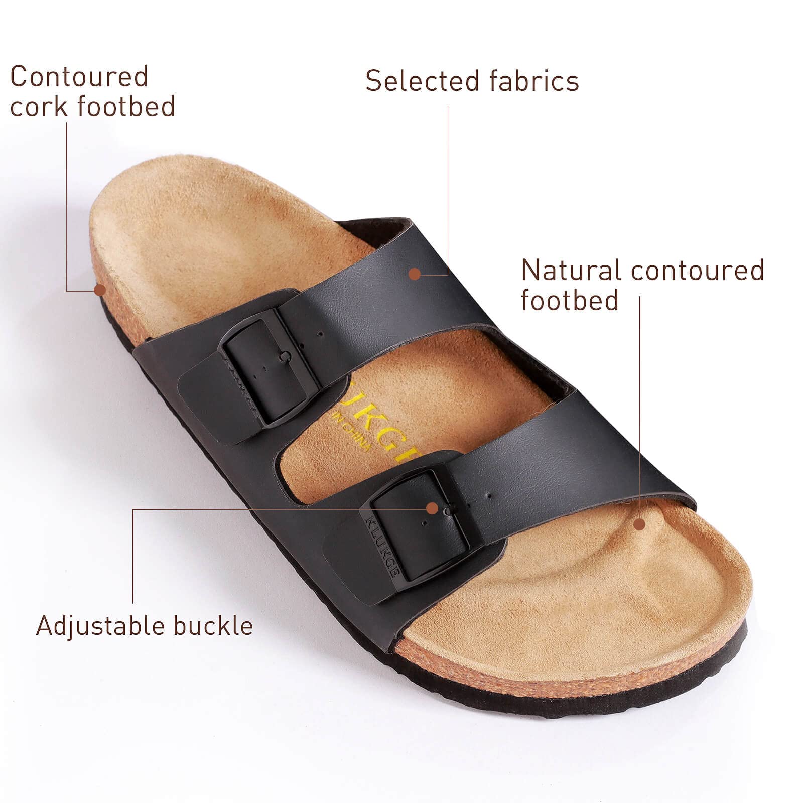 KLUKGE Mens Cork Sandals,Adjustable Buckle Leather Non-Slip Slippers Women's Flat Slide Cork Footbed Sandals Unisex Shoes, Arch Support(Black US 12)