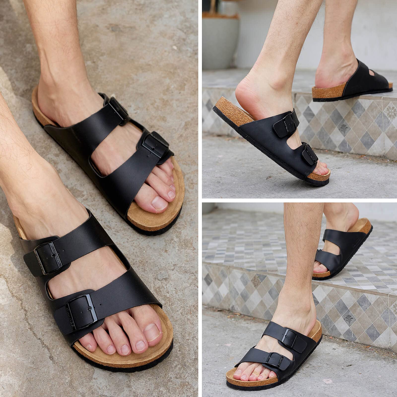KLUKGE Mens Cork Sandals,Adjustable Buckle Leather Non-Slip Slippers Women's Flat Slide Cork Footbed Sandals Unisex Shoes, Arch Support(Black US 12)
