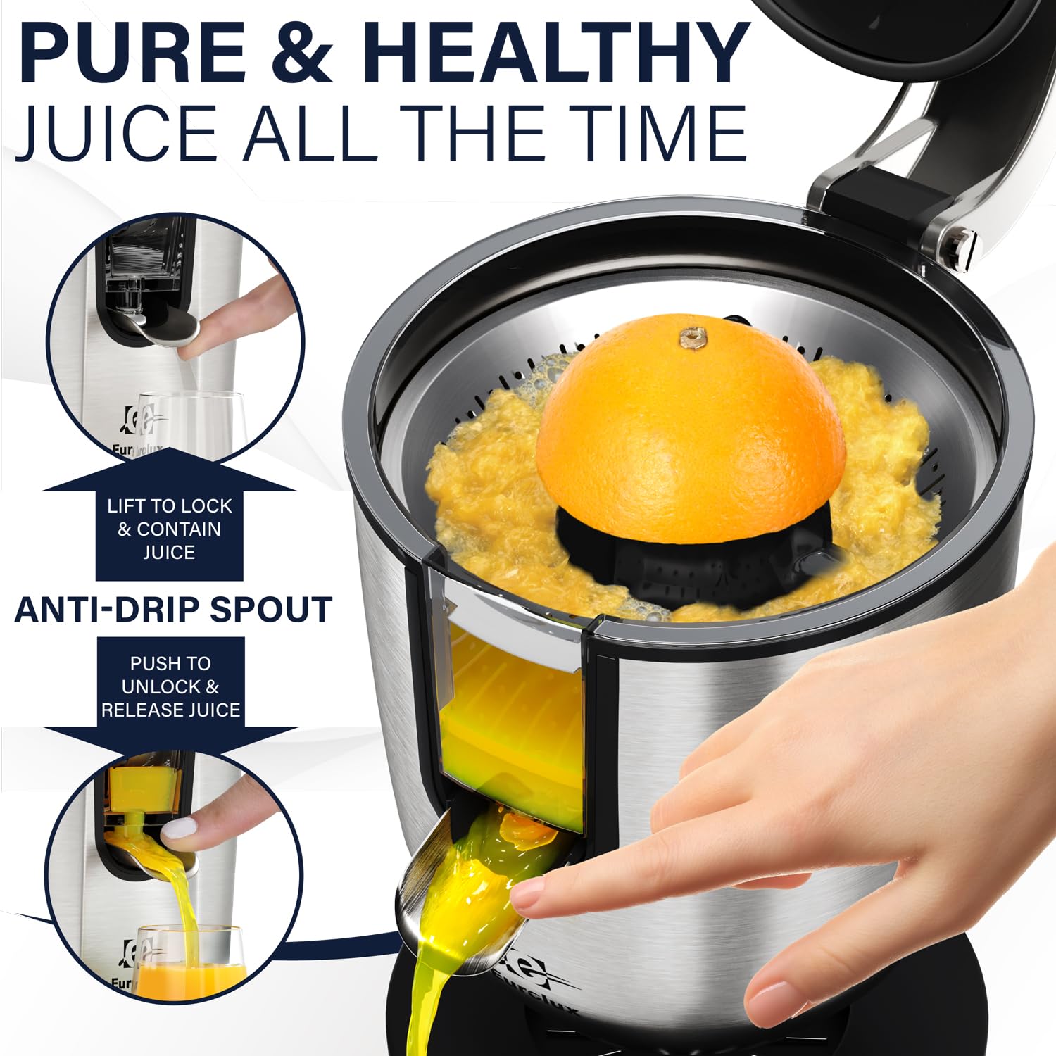 Eurolux Electric Citrus Juicer Squeezer, for Orange, Lemon, Grapefruit, Stainless Steel 160 Watts of Power Soft Grip Handle and Cone Lid for Easy Use (ELCJ-1700S)