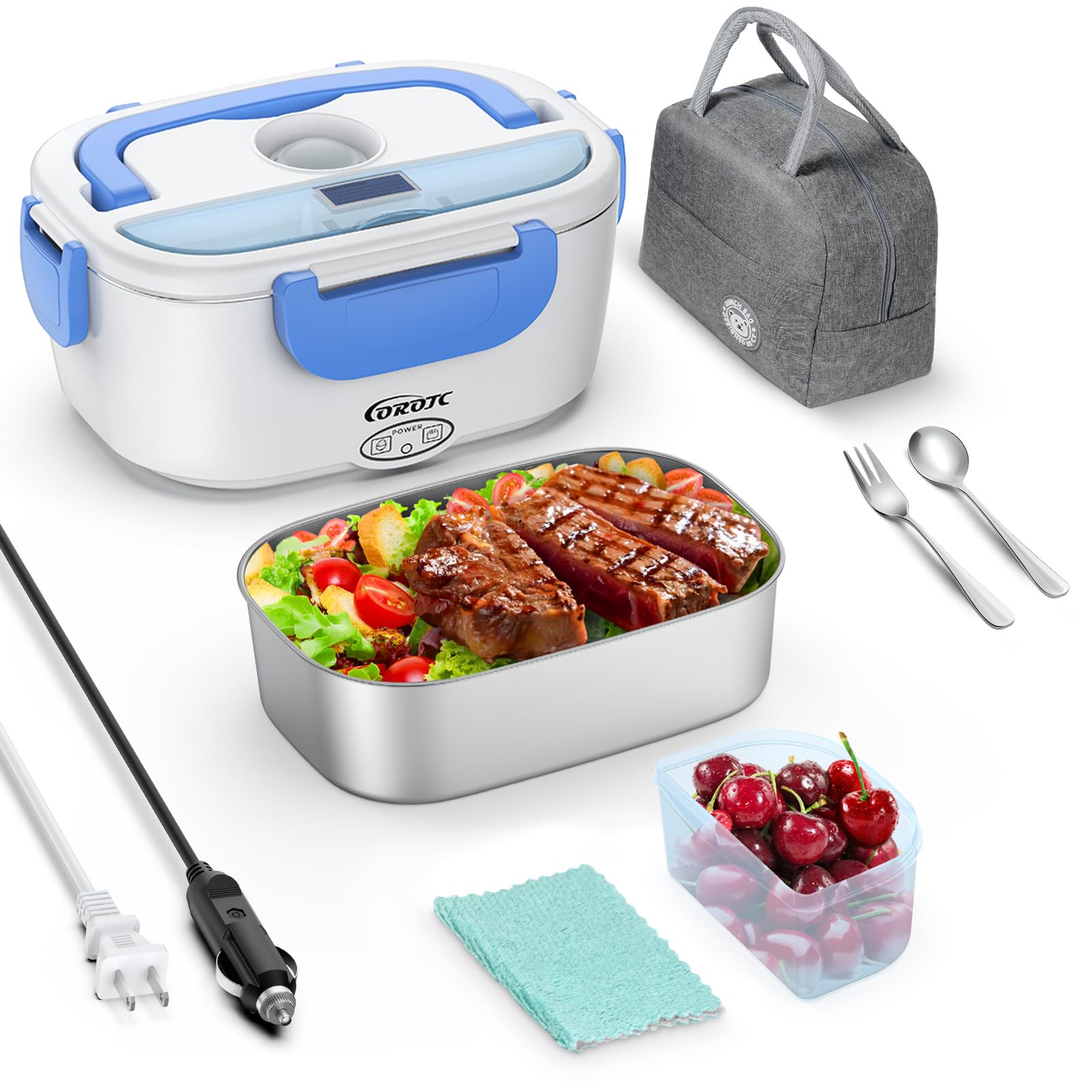 COROTC 60W Electric Lunch Box, 12V/24V/110V 3 In 1 Leak Proof Food Warmer Lunch Box For Car/Truck/Home/Office, 1.5L Portable Food Warmer With 304 Stainless Steel Tray, Fork, Spoon, Compartment