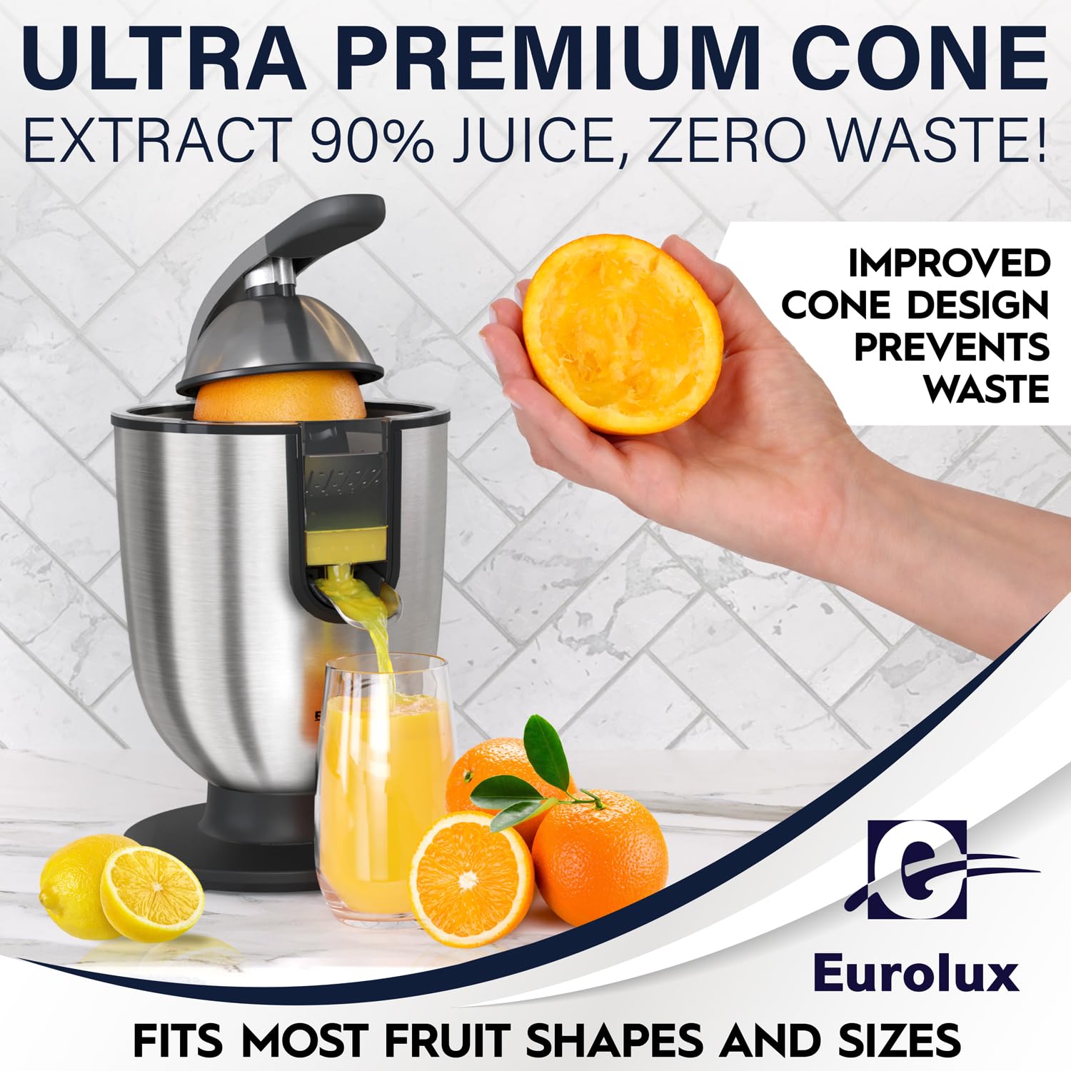 Eurolux Electric Citrus Juicer Squeezer, for Orange, Lemon, Grapefruit, Stainless Steel 160 Watts of Power Soft Grip Handle and Cone Lid for Easy Use (ELCJ-1700S)