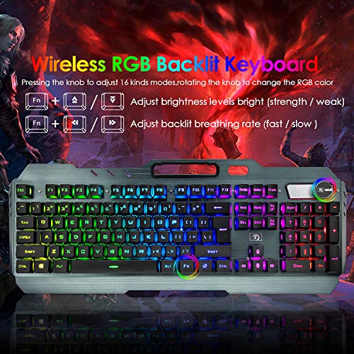 Wireless Gaming Keyboard and Mouse,16 Kinds RGB LED Backlit Rechargeable Keyboard Mouse with 4800mAh Battery Metal Panel,Mechanical Feel and Gaming Mute Mouse for Computer Gamers(Black RGB Backlit)