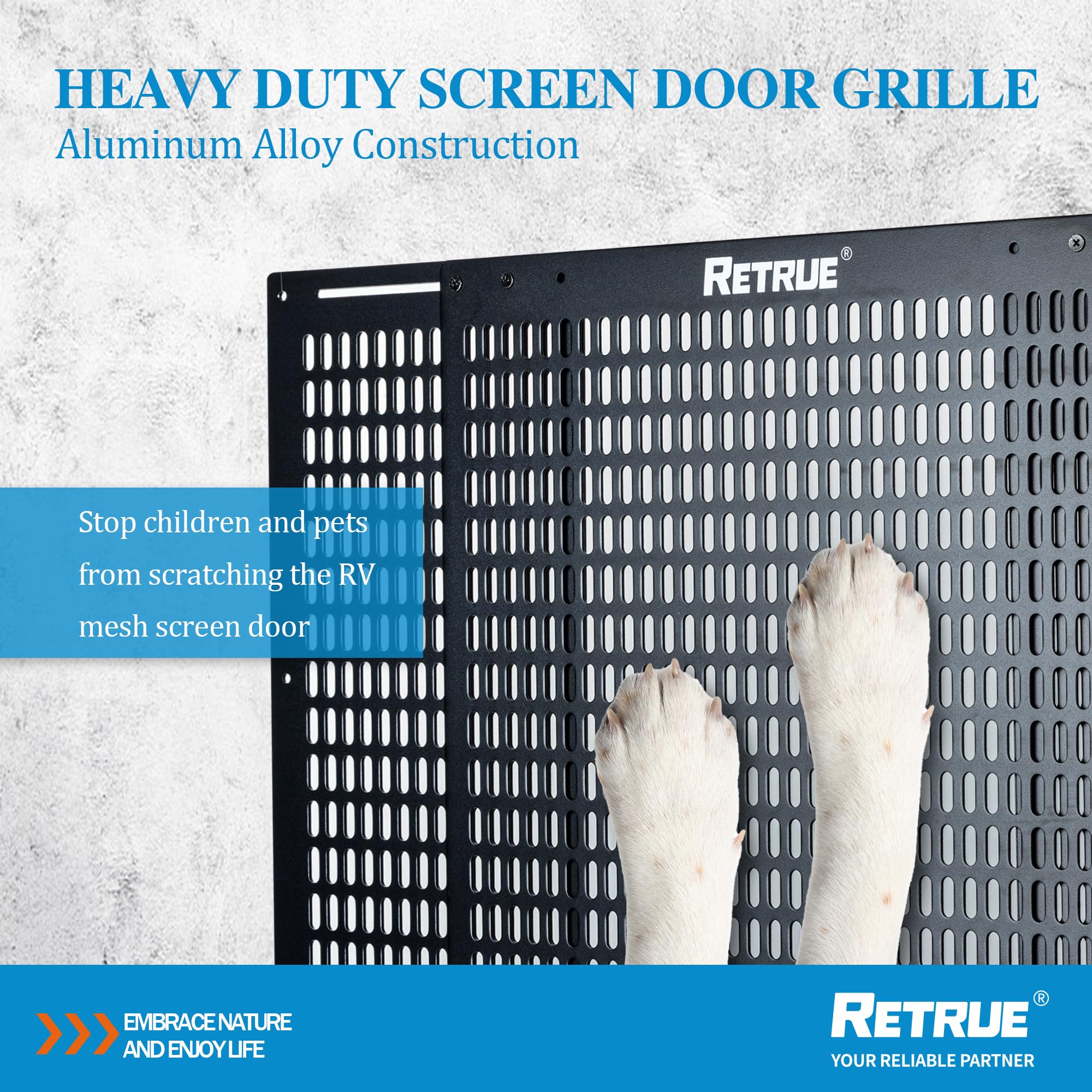 RETRUE RV Screen Door Protector Adjusts from 22" to 31.5" Aluminum Alloy Camper Screen Door Protector Guard for Dogs Kids Safe, Black