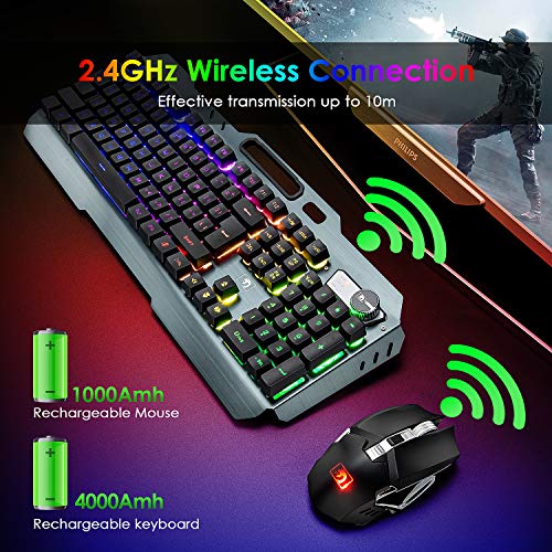 Wireless Gaming Keyboard and Mouse,16 Kinds RGB LED Backlit Rechargeable Keyboard Mouse with 4800mAh Battery Metal Panel,Mechanical Feel and Gaming Mute Mouse for Computer Gamers(Black RGB Backlit)