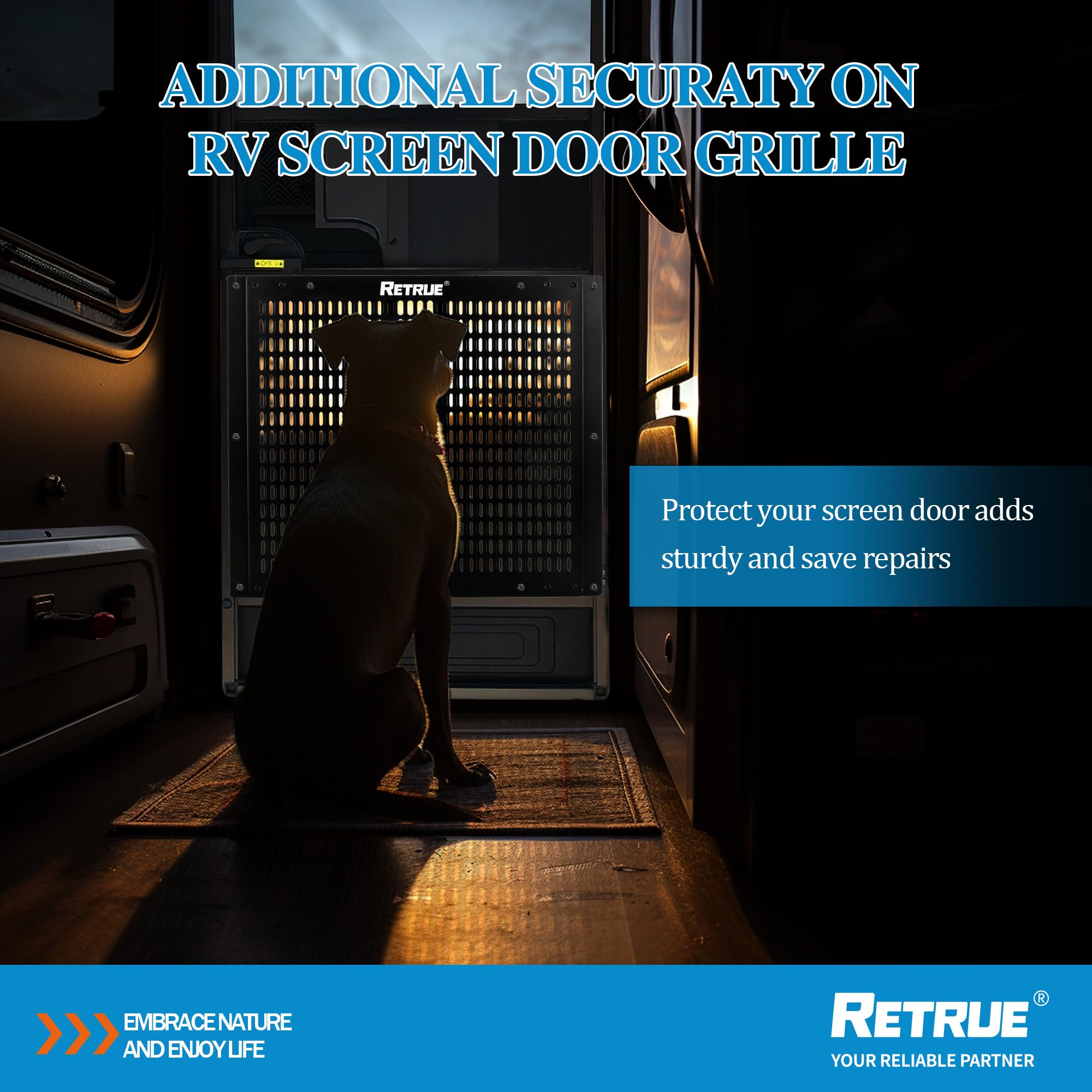 RETRUE RV Screen Door Protector Adjusts from 22" to 31.5" Aluminum Alloy Camper Screen Door Protector Guard for Dogs Kids Safe, Black