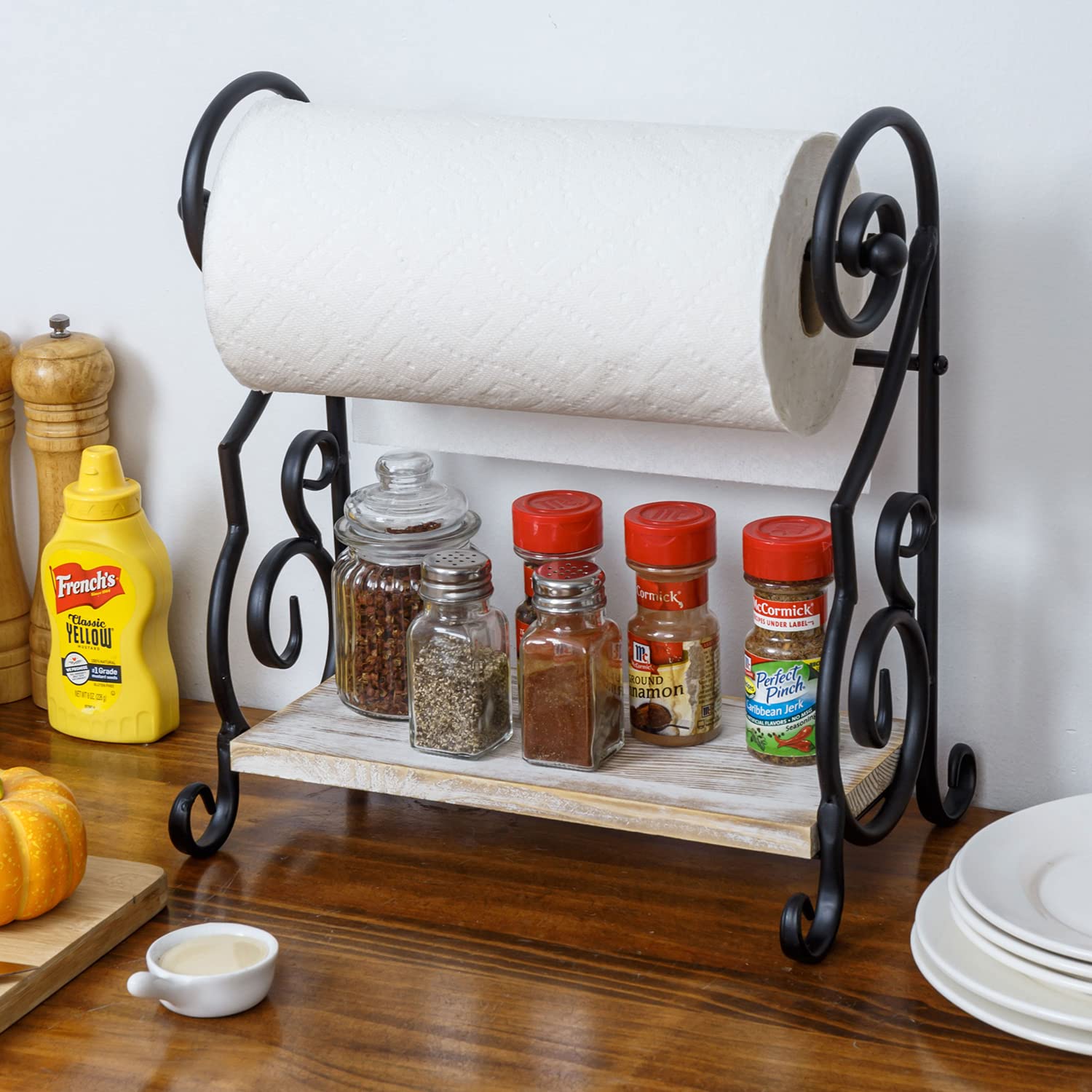 MyGift Black Metal Countertop Paper Towel Holder with Decorative Scrollwork Design and Whitewashed Wood Condiment Rack Storage Display Shelf