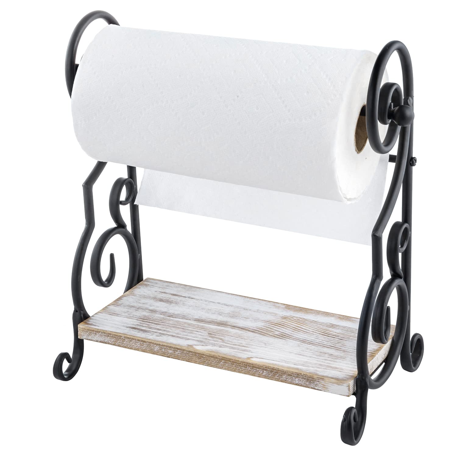 MyGift Black Metal Countertop Paper Towel Holder with Decorative Scrollwork Design and Whitewashed Wood Condiment Rack Storage Display Shelf