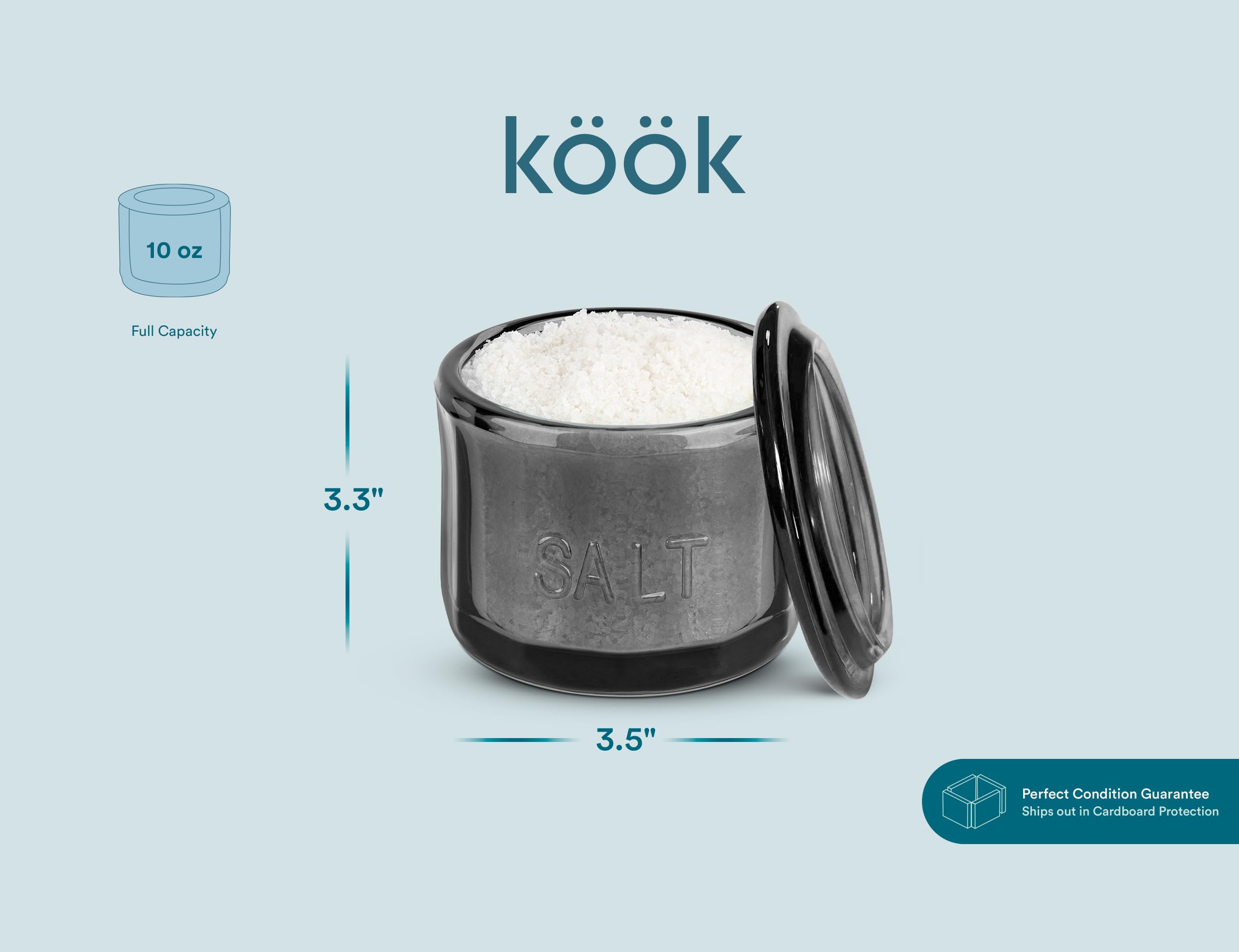 Kook Glass Salt Cellar, with Glass Lid, Embossed Pressed Glass, Clear Storage Container, for Coffee, Sugar, Spices and Candies, Dishwasher Safe, 10 oz