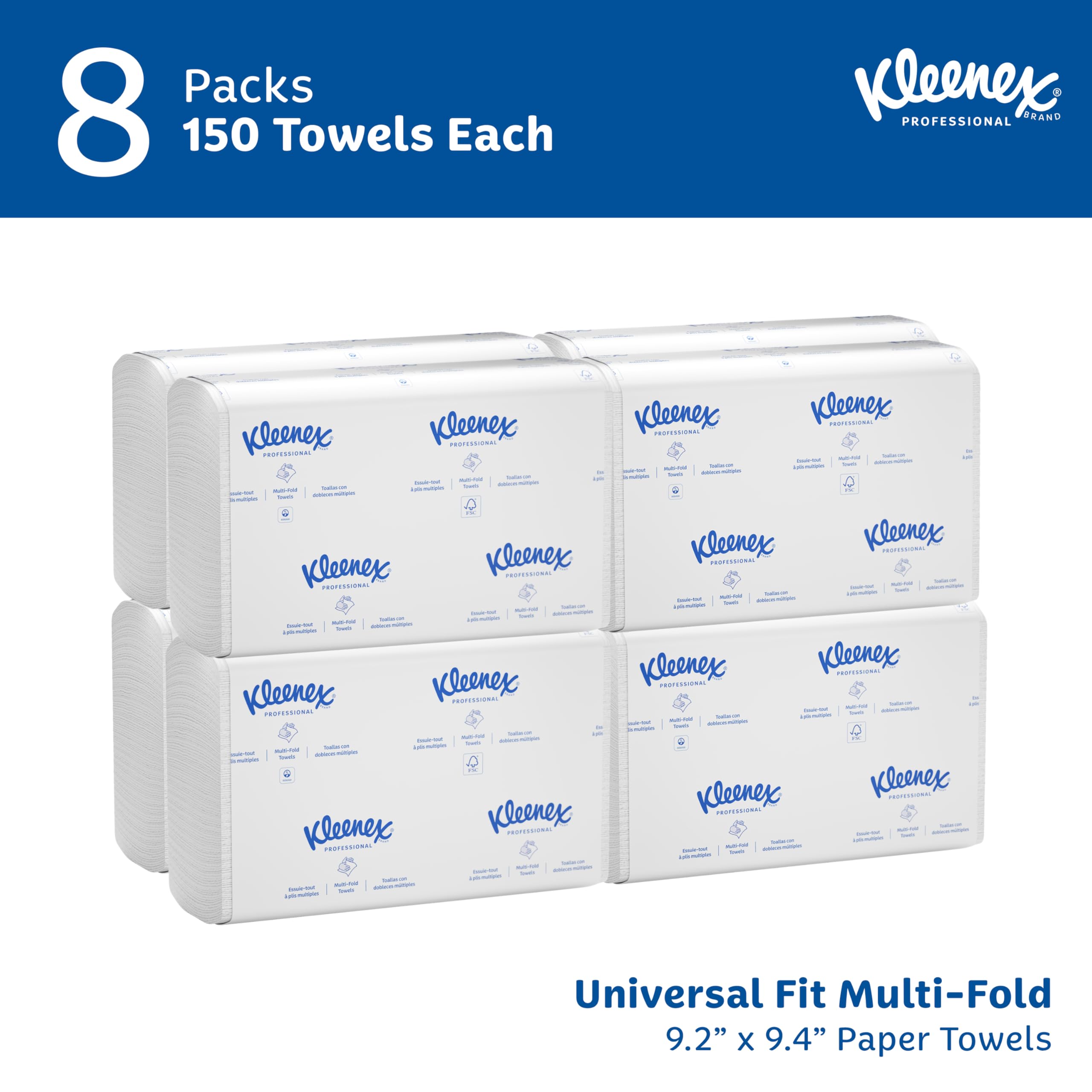 Kleenex Multifold Paper Towels (02046), White, 8 Packs/Convenience Case, 150 Tri Fold Paper Towels/Pack, Pack of 8, Total 1,200 Towels/Case