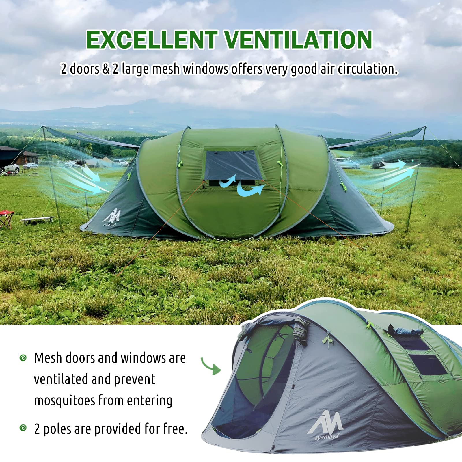 6 Person Pop Up Tents for Camping - AYAMAYA Waterproof Instant Tent Upgraded 2 Doors with Vestibule & Porch, Double Layer Large Size Family Easy Tent Automatic Setup for 4-6 People Camping Hiking