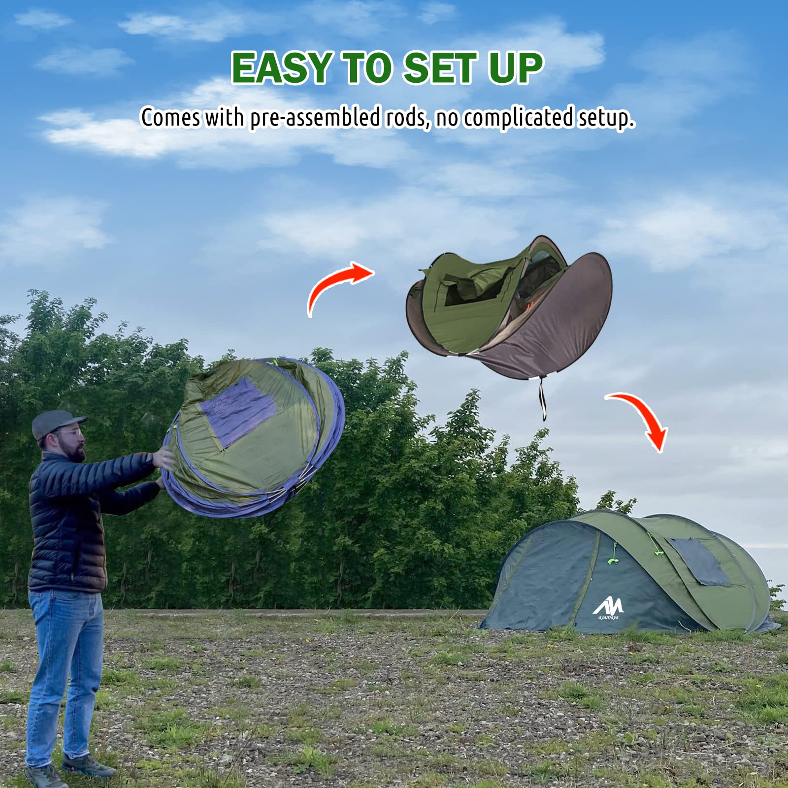 6 Person Pop Up Tents for Camping - AYAMAYA Waterproof Instant Tent Upgraded 2 Doors with Vestibule & Porch, Double Layer Large Size Family Easy Tent Automatic Setup for 4-6 People Camping Hiking