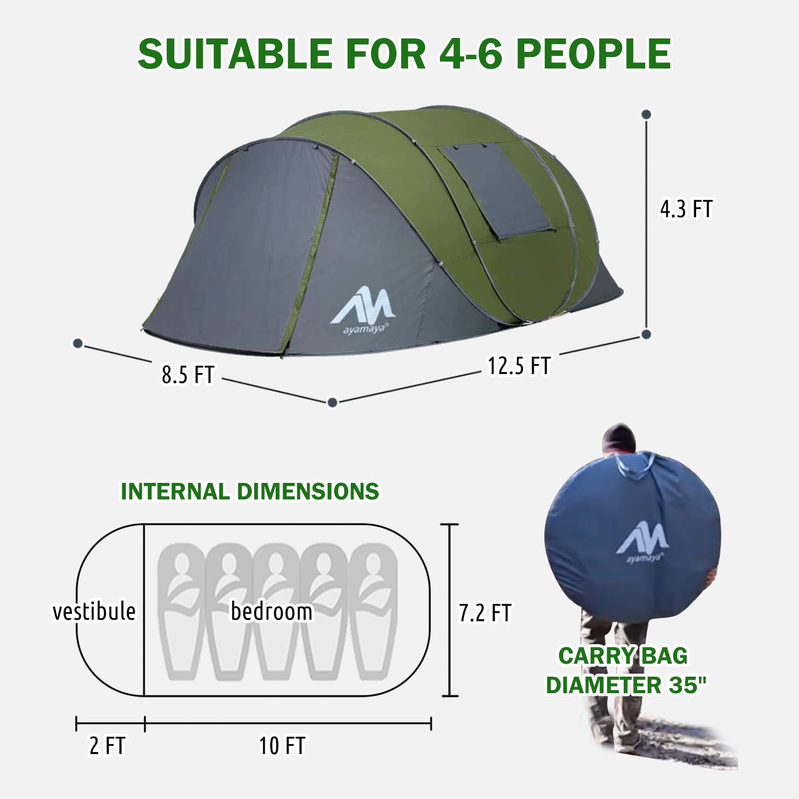 6 Person Pop Up Tents for Camping - AYAMAYA Waterproof Instant Tent Upgraded 2 Doors with Vestibule & Porch, Double Layer Large Size Family Easy Tent Automatic Setup for 4-6 People Camping Hiking