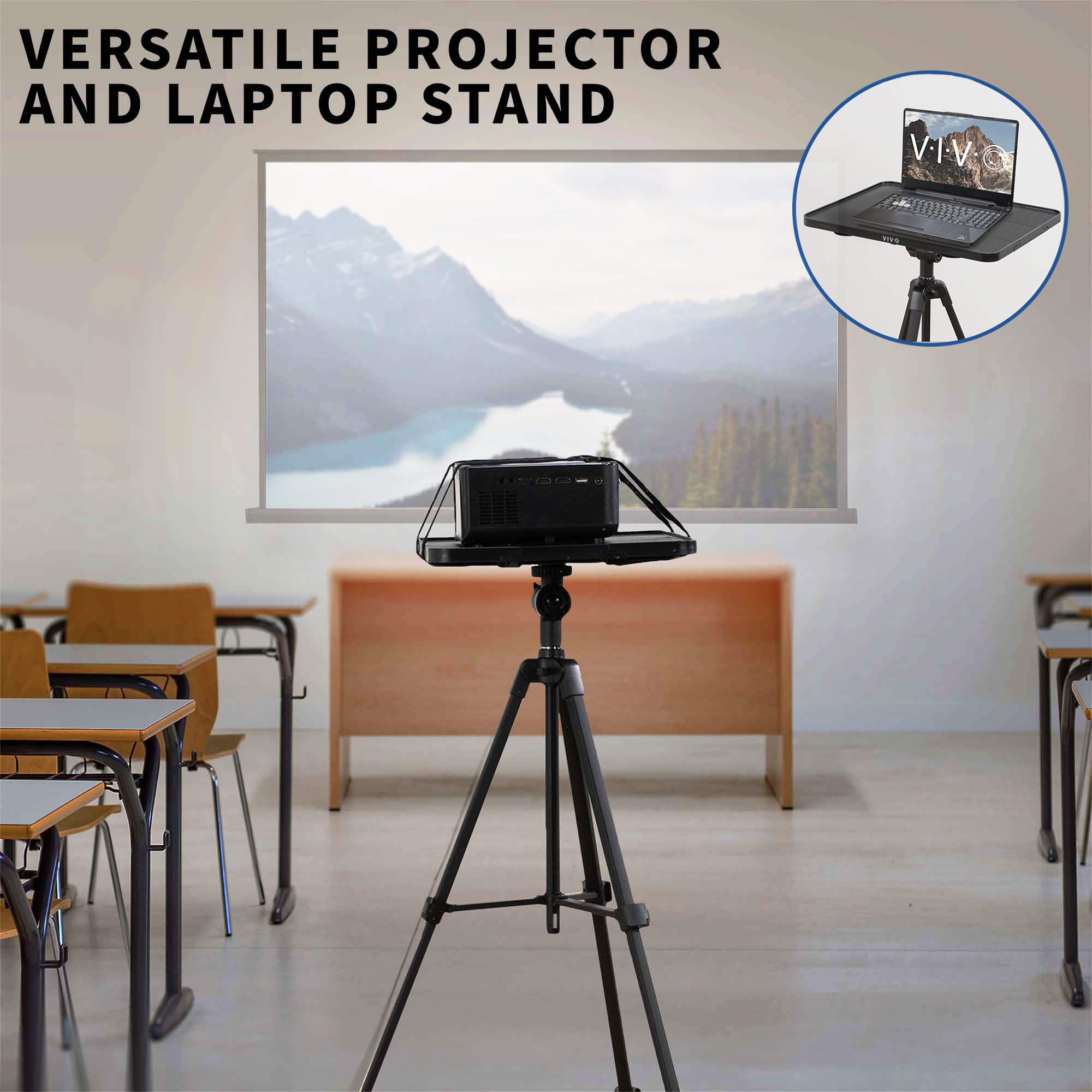 VIVO Universal Aluminum Tripod Folding Projector Stand, Height Adjustable Tilting Laptop Stand with Tray, Nylon Bag Included, for Home and Office, Black, STAND-VP01T