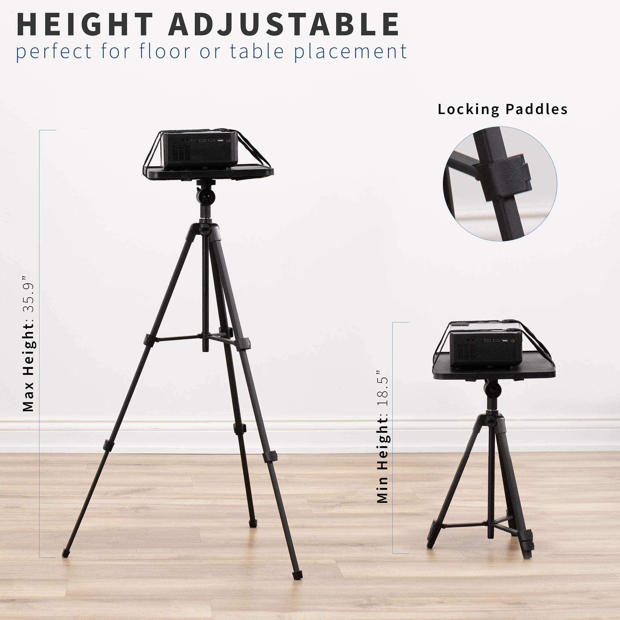VIVO Universal Aluminum Tripod Folding Projector Stand, Height Adjustable Tilting Laptop Stand with Tray, Nylon Bag Included, for Home and Office, Black, STAND-VP01T