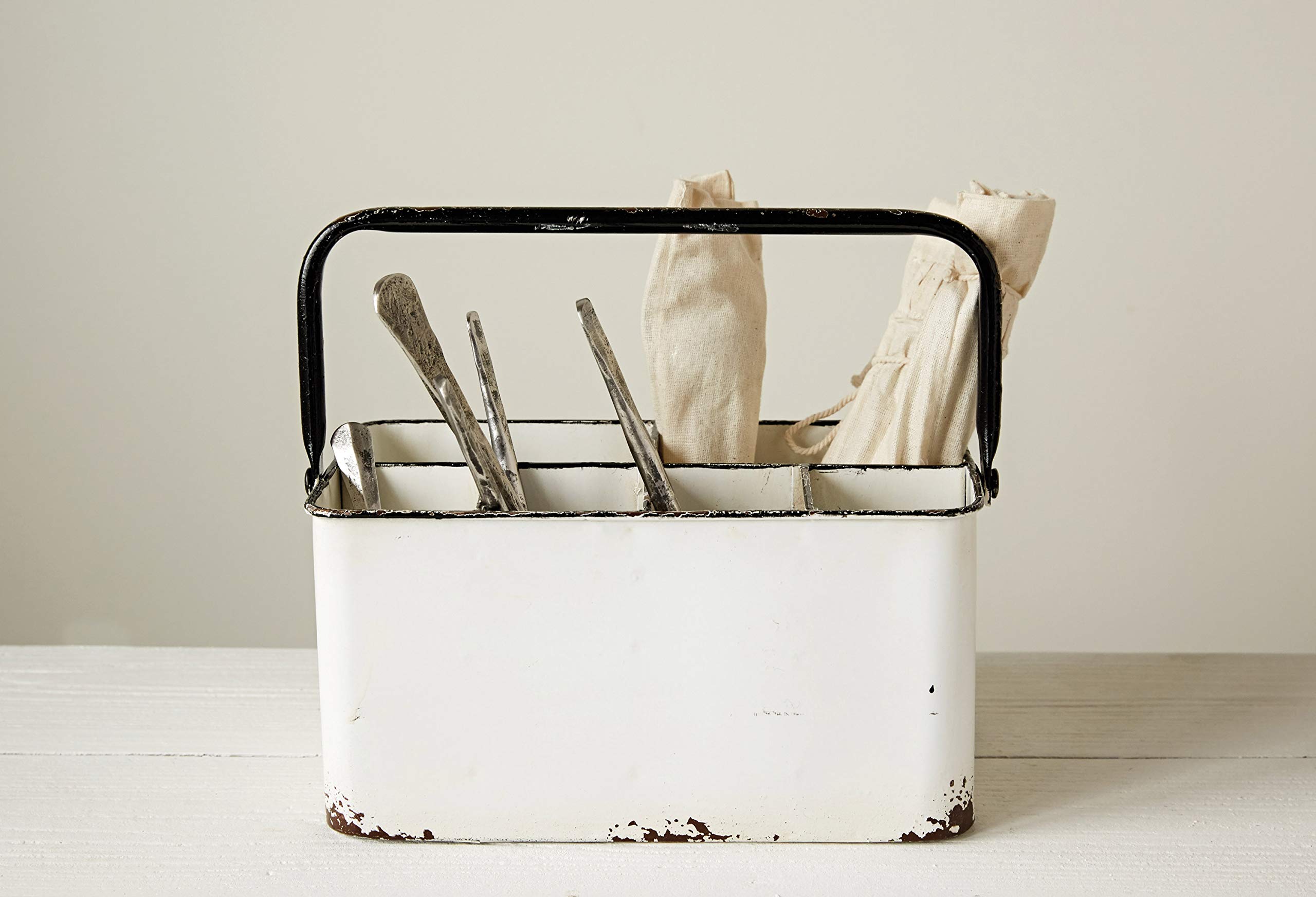 Creative Co-Op Farmhouse Metal Storage Caddy with 6 Compartments and Handle, Distressed White and Black