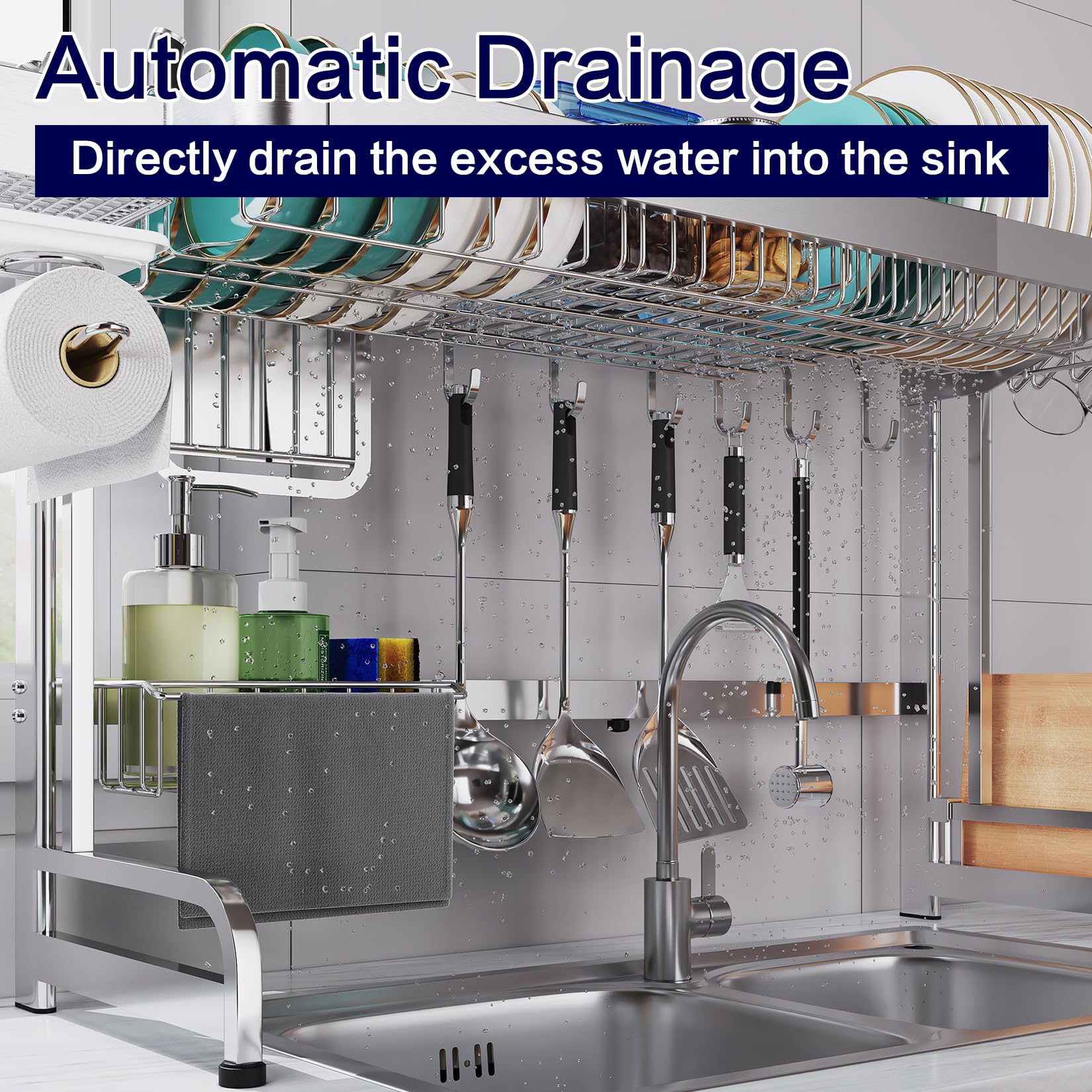 LIVOD Over The Sink Dish Drying Rack, 2 Tier Over Sink Dish Drying Rack Width Adjustable(25.6-37.6in), Durable Stainless Steel Dish Rack Over Sink Organizer, Space Saving Kitchen Sink Drying Rack