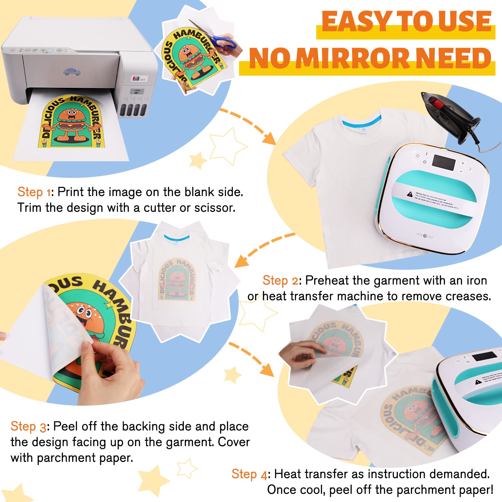 HTVRONT Heat Transfer Paper for T Shirts - 20 Pack Mixed Light & Dark Iron on Transfer Paper,8.5" x 11" Printable Heat Transfer Vinyl for Inkjet Printer, Durable & Easy to Use