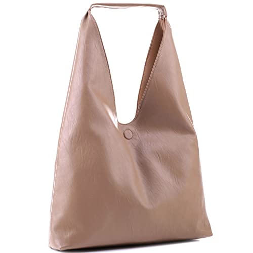 Reversible Large Oversized Vegan Leather Lightweight Simple Tote Handbag Purse (Taupe/Light-Taupe)