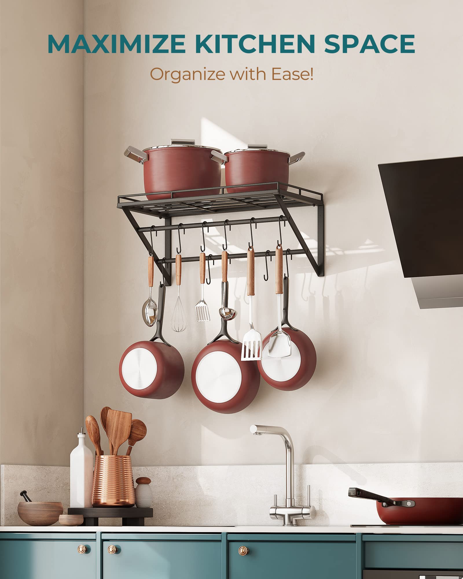 OROPY 23 Inch Wall Mounted Pot Rack Storage Shelf with 2 Tier Hanging Rails 12 S Hooks included, Ideal for Pans, Utensils, Cookware, Plant Black