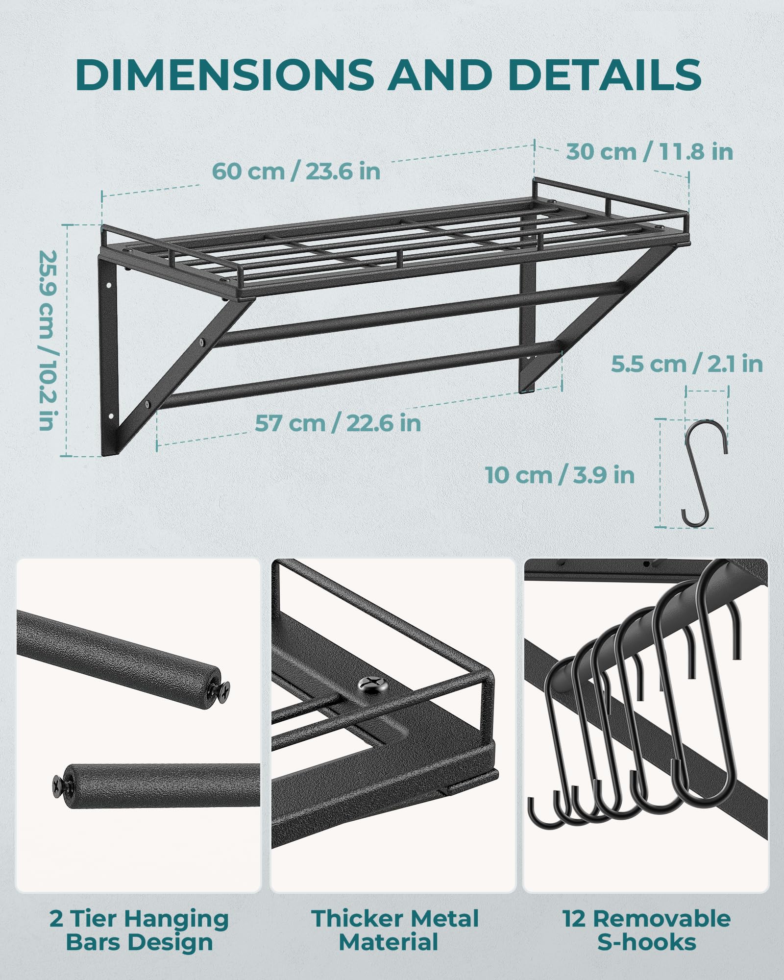 OROPY 23 Inch Wall Mounted Pot Rack Storage Shelf with 2 Tier Hanging Rails 12 S Hooks included, Ideal for Pans, Utensils, Cookware, Plant Black