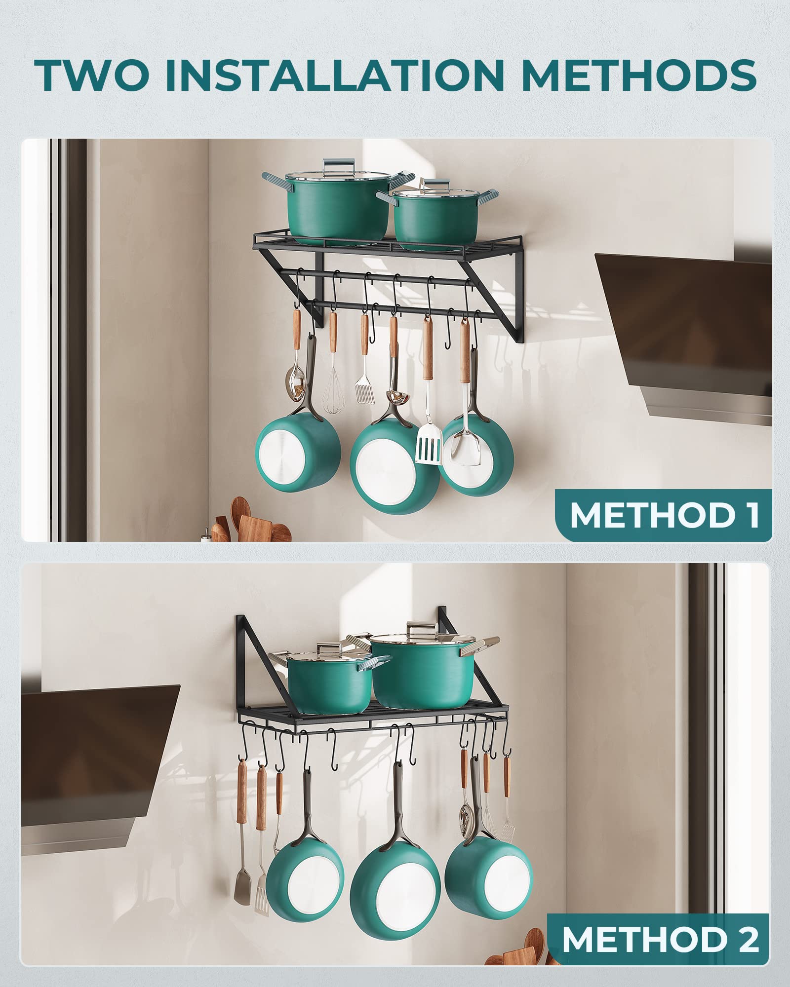 OROPY 23 Inch Wall Mounted Pot Rack Storage Shelf with 2 Tier Hanging Rails 12 S Hooks included, Ideal for Pans, Utensils, Cookware, Plant Black