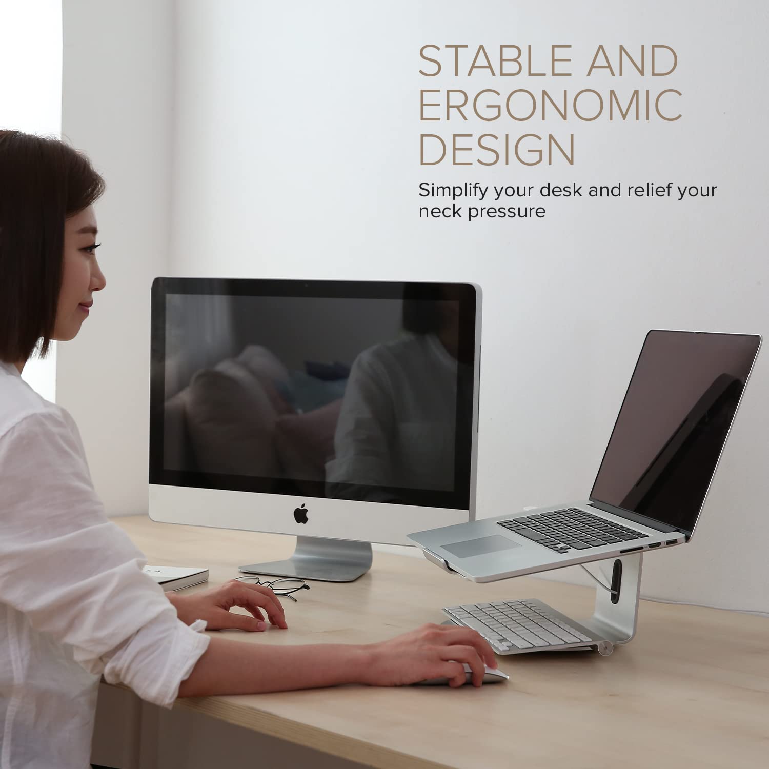 POUT Eyes 4 Metal Laptop Stand with 360 Rotating Base & Built-in Cable Ring — Ergonomic Aluminum Computer Riser for Laptop 10 to 17 Inches — for Apple Mac MacBook Air Pro HP LG Dell Sony