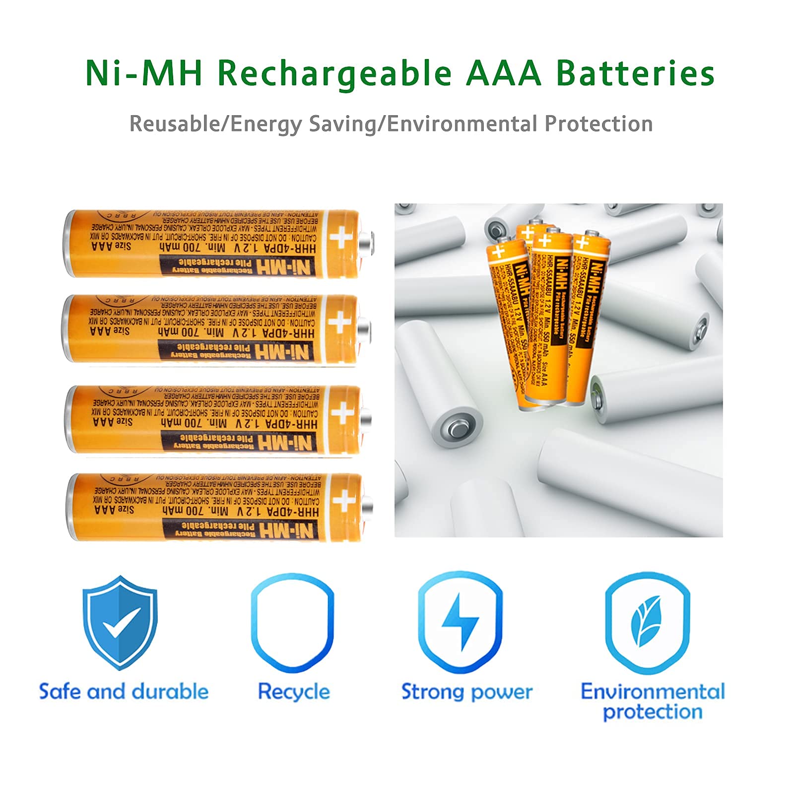 4 Pack HHR-4DPA NI-MH Rechargeable Battery for Panasonic 1.2V 700mAh AAA Battery for Cordless Phones