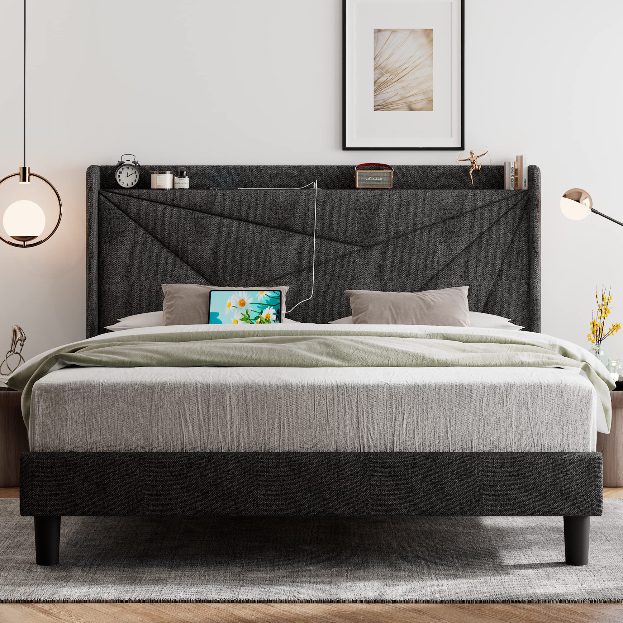 Feonase Full Size Bed Frame with Type-C & USB Ports, Upholstered Platform Bed Frame with Wingback Storage Headboard, Solid Wood Slats Support, No Box Spring Needed, Noise-Free, Dark Gray