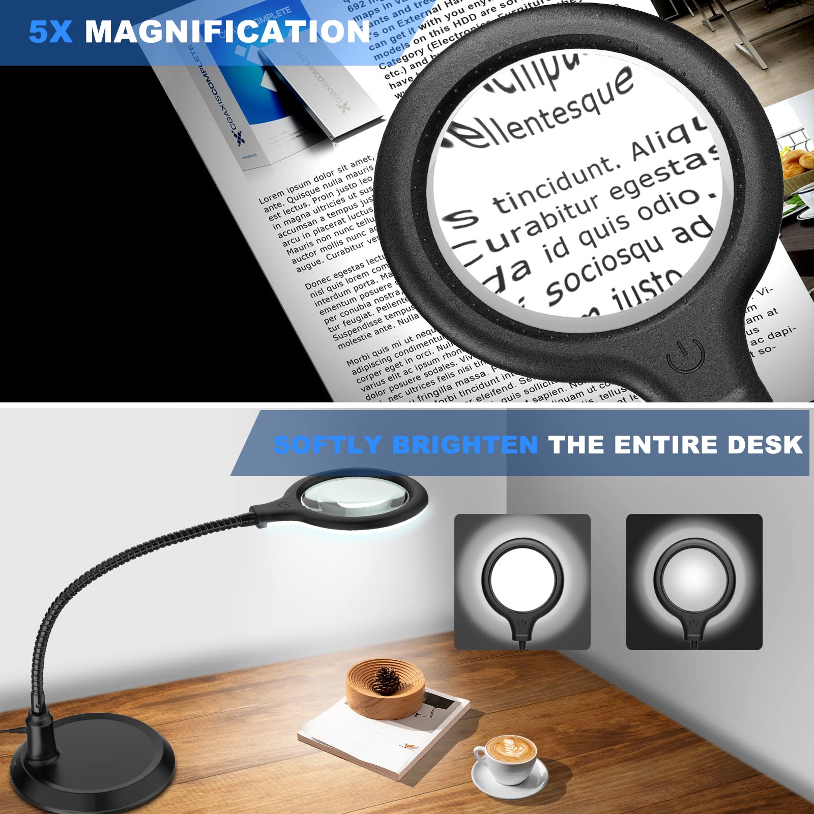 Delixike 5X Dimmable Magnifying Lamp,Large Hands Free Magnifying Glass with Light and Stand for Reading,Hobbies,Crafts,Workbench