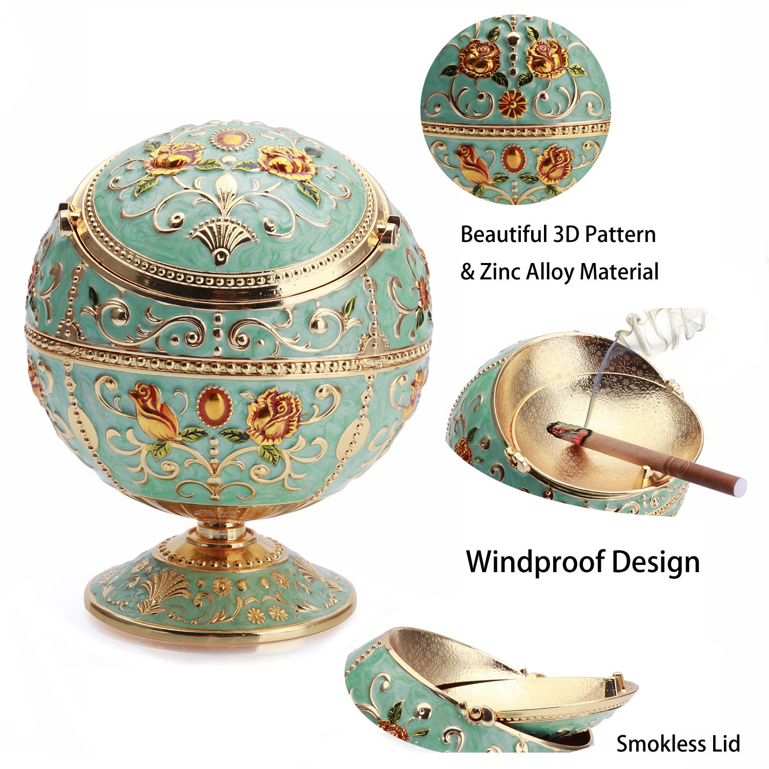 K COOL Windproof Ashtray with Lid Metal Portable Cigarettes Ashtray for Outdoors Indoors Hand Stamped Pattern Smoking Ashtray Fancy Gift for Men Women(Jade Green) ¡­