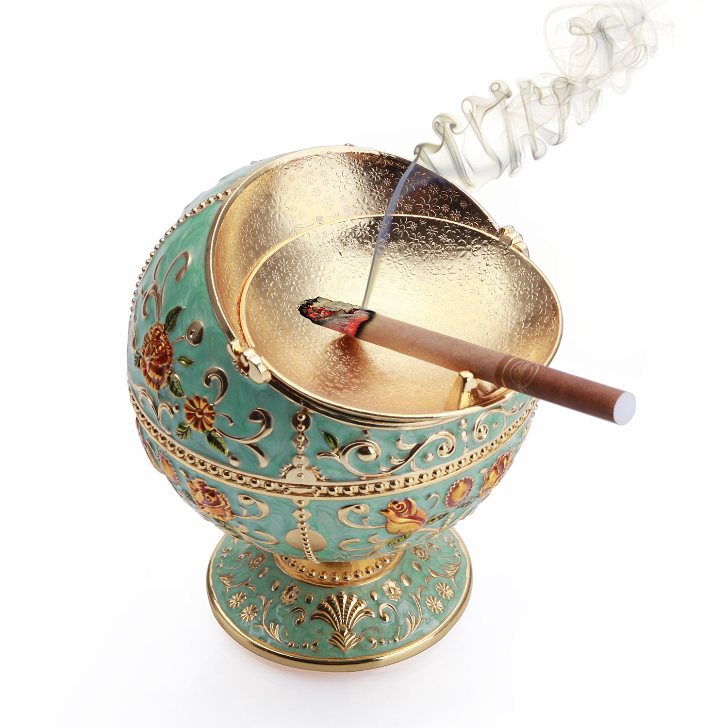 K COOL Windproof Ashtray with Lid Metal Portable Cigarettes Ashtray for Outdoors Indoors Hand Stamped Pattern Smoking Ashtray Fancy Gift for Men Women(Jade Green) ¡­
