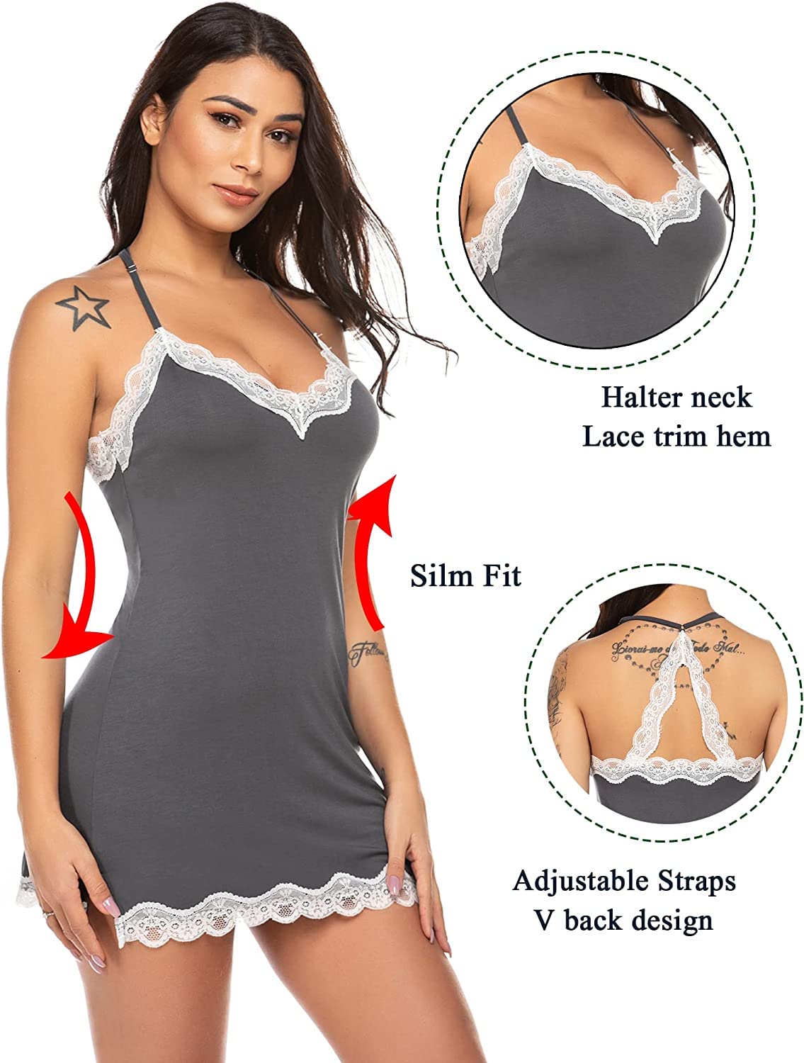 Avidlove Slip Lingerie Sexy Chemise Nightgown Babydoll Soft Sleepwear(Grey,L)