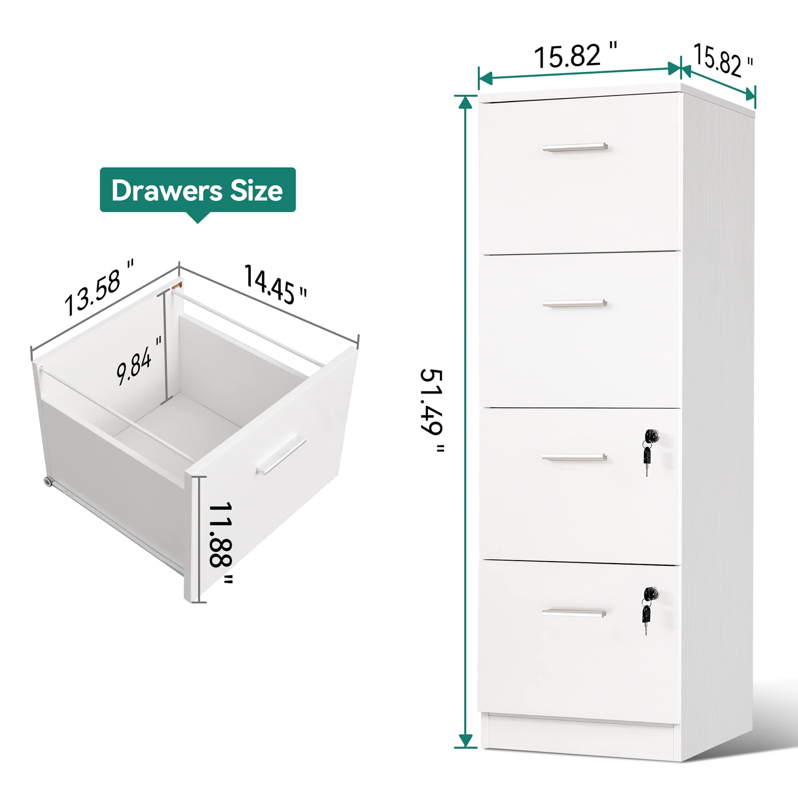 YITAHOME 4-Drawer File Cabinet with Lock, 15.86" Deep Vertical Filing Cabinet for Letter A4-Sized Files, Need to Assemble, Storage Cabinet for Home Office, White