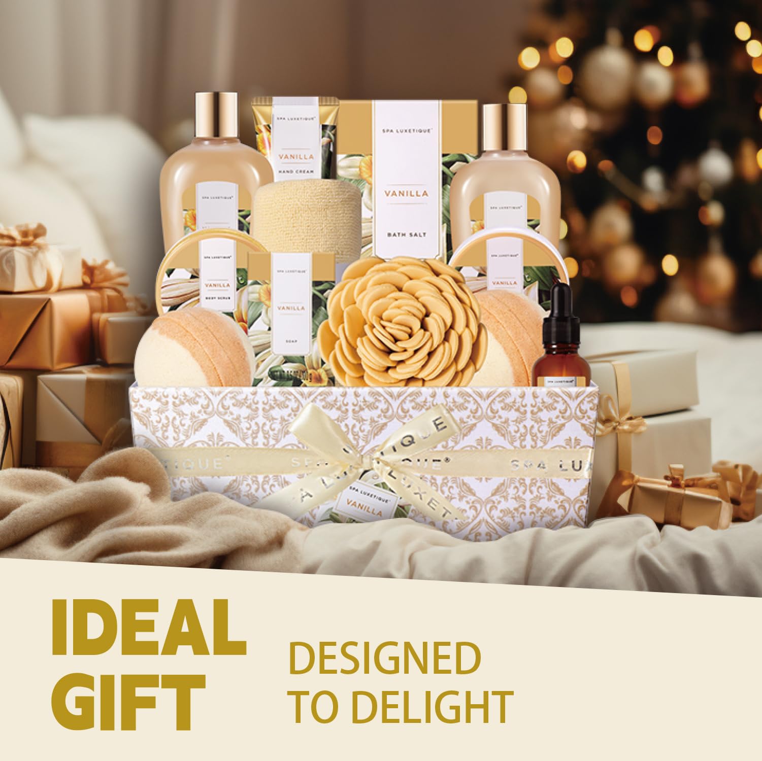 Spa Gift Basket for Women, Spa Luxetique Spa Gift Set for Women - Vanilla Scented Bath Set, 12 Pcs Relaxing Home Spa Kit with Essential Oil, Bath Salts, Body Scrub, Spa Kits for Women