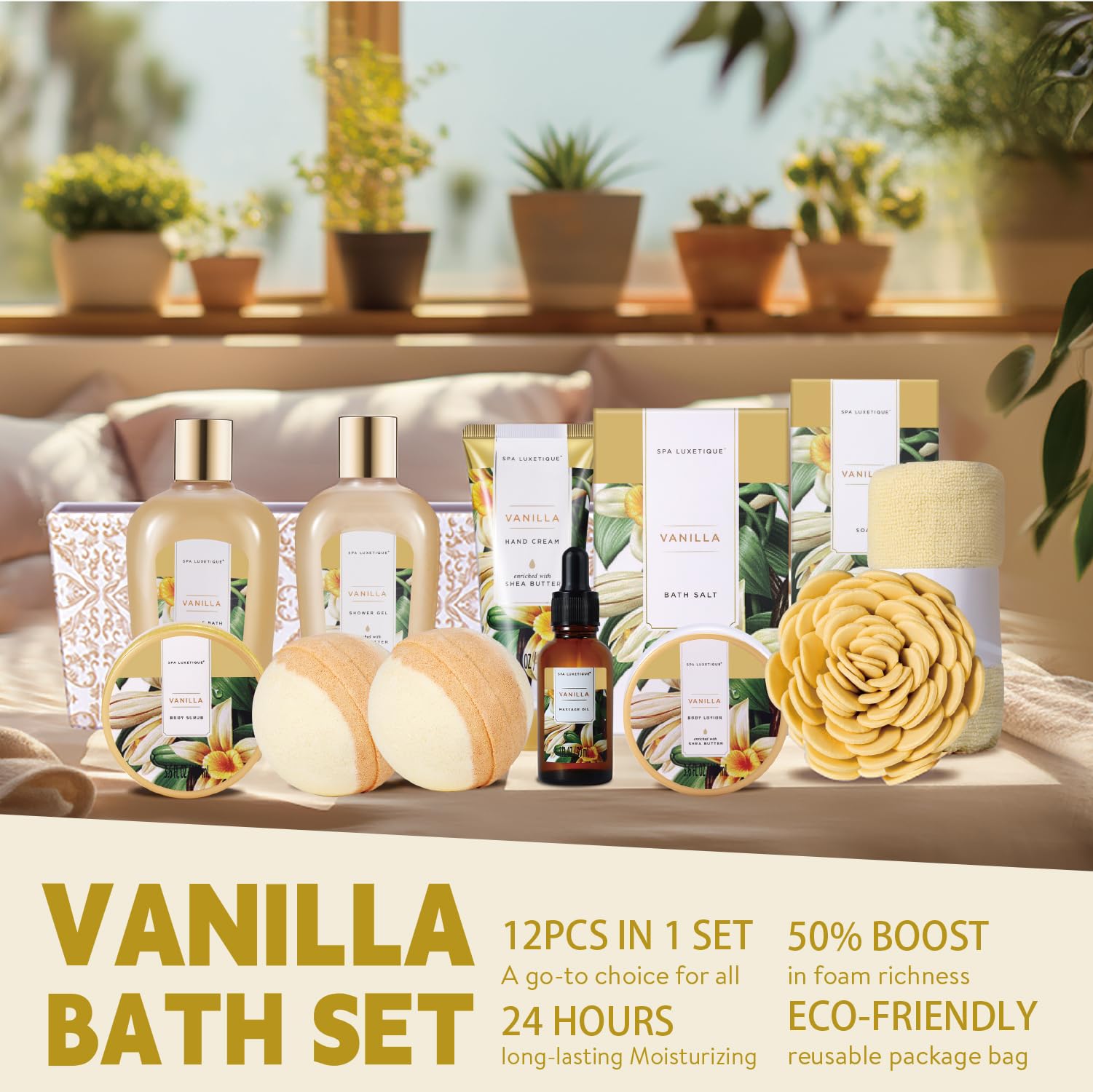 Spa Gift Basket for Women, Spa Luxetique Spa Gift Set for Women - Vanilla Scented Bath Set, 12 Pcs Relaxing Home Spa Kit with Essential Oil, Bath Salts, Body Scrub, Spa Kits for Women
