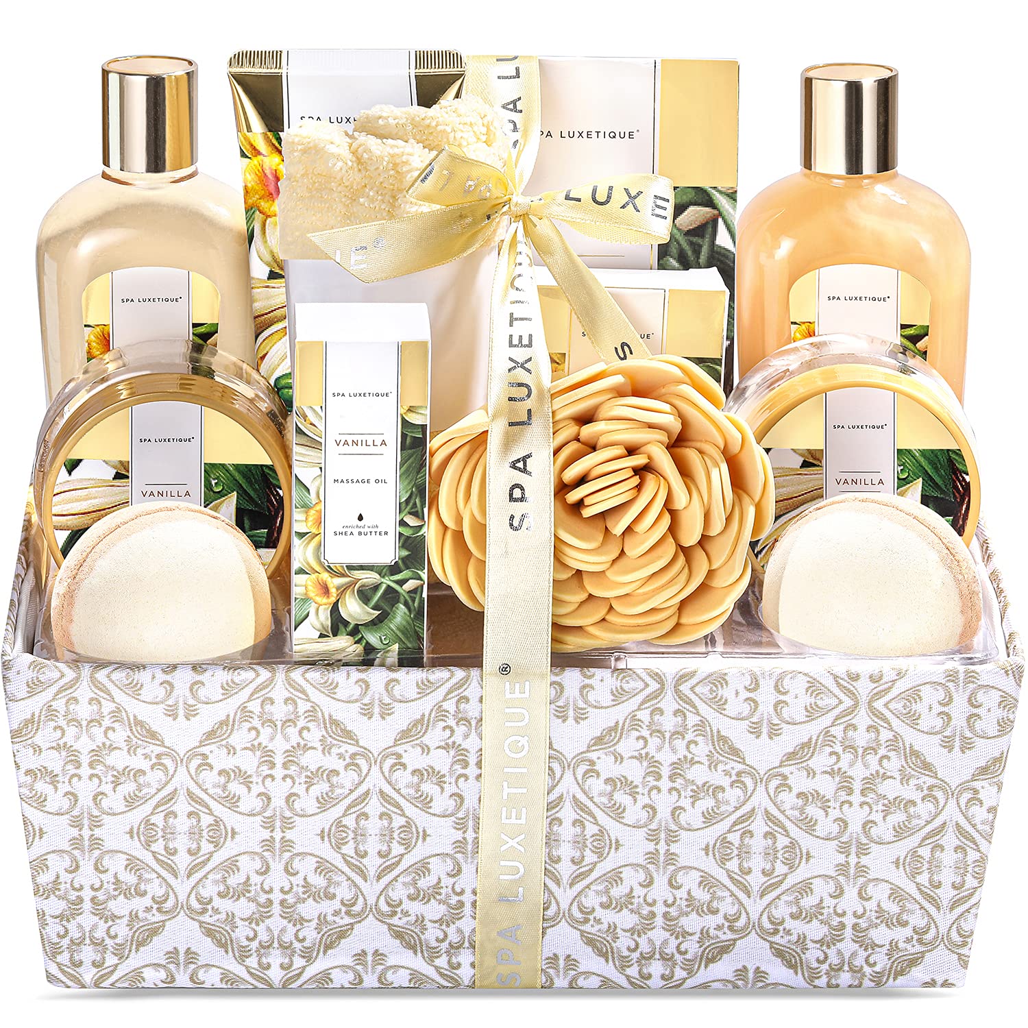 Spa Gift Basket for Women, Spa Luxetique Spa Gift Set for Women - Vanilla Scented Bath Set, 12 Pcs Relaxing Home Spa Kit with Essential Oil, Bath Salts, Body Scrub, Spa Kits for Women