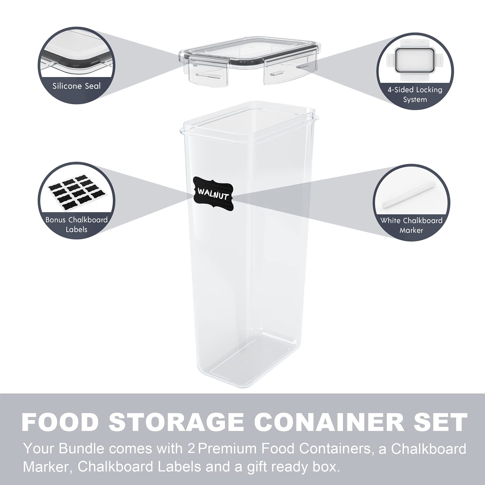 Pasta Containers, 2 Pk 2.8L Airtight Food Storage Containers, Spaghetti Containers for Pantry Organization and Storage, Kitchen Storage Containers for Noodles, Plastic Canisters with Durable Lids