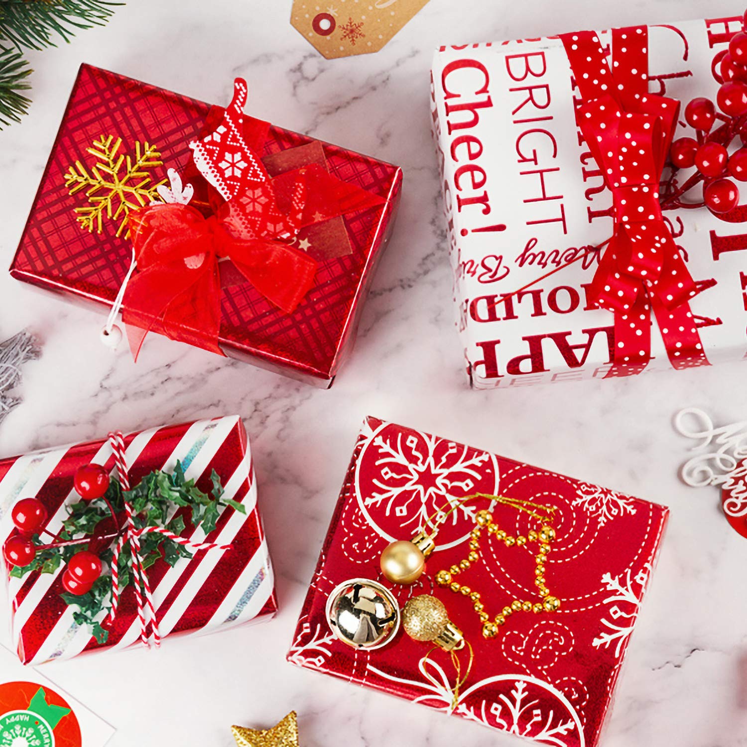 WRAPAHOLIC Christmas Wrapping Paper Roll - Red and White Christmas Design with Metallic Foil Shine - 4 Rolls - 30 inch X 120 inch Per Roll