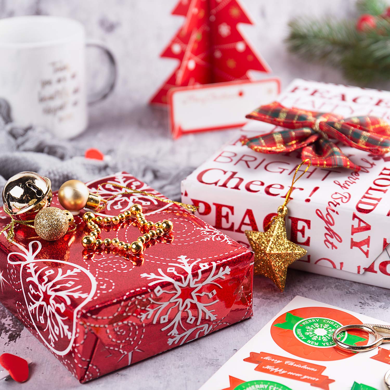 WRAPAHOLIC Christmas Wrapping Paper Roll - Red and White Christmas Design with Metallic Foil Shine - 4 Rolls - 30 inch X 120 inch Per Roll