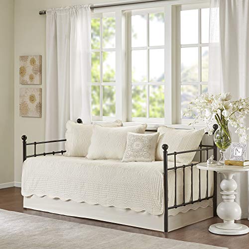 Madison Park Tuscany Daybed Cover Set-Trendy Damask Quilting with Scalloped Edges All Season Luxury Bedding with Bedskirt, Matching Shams, Decorative Pillow, Cream, 39"x75", 6 Piece