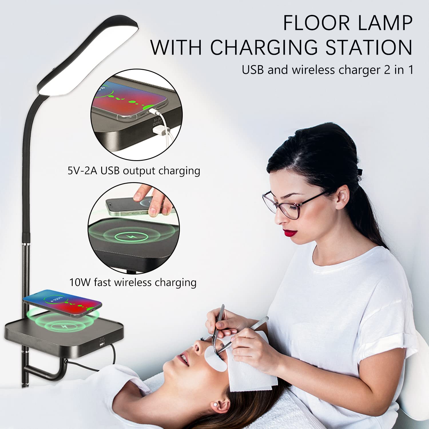 GMK Smart LED Floor Lamp, 12W Bright Standing Lamp with Wireless Charger, Stepless Adjustable 2700-6500K Modern Floor Lamp, Reading Floor Lamp with Remote & Voice Control for Living Room, Bedroom